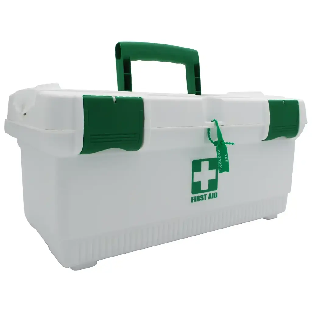 Plastic first aid toolbox - green/white with compartments.